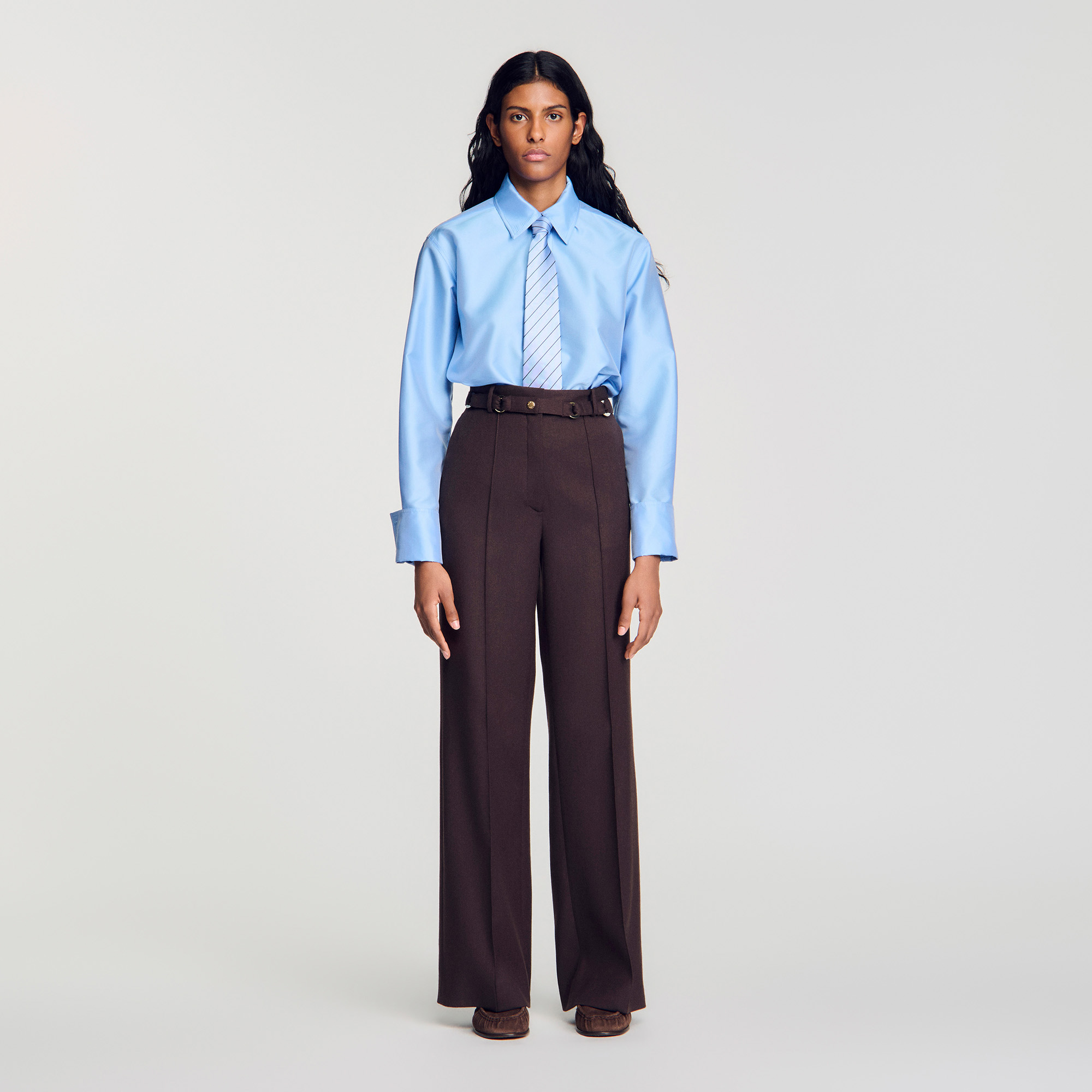 SANDRO Sandro Straight-Leg Wool Trousers with Branded Metal Ring Belt